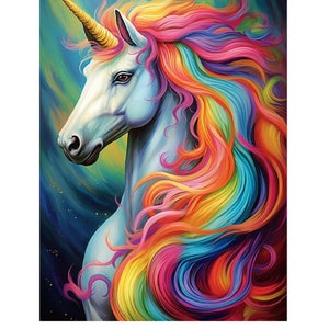 Unicorn With Golden Horn and Rainbow Mane - DIY Round 5D Rhinestone ...