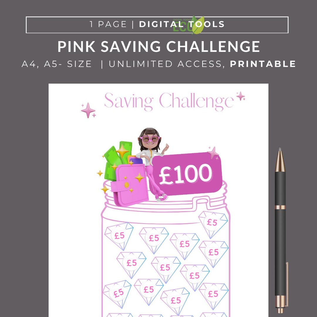 Pink Saving Challenge- 100 Pound Saving Challenge- Dream Jar, Money ...