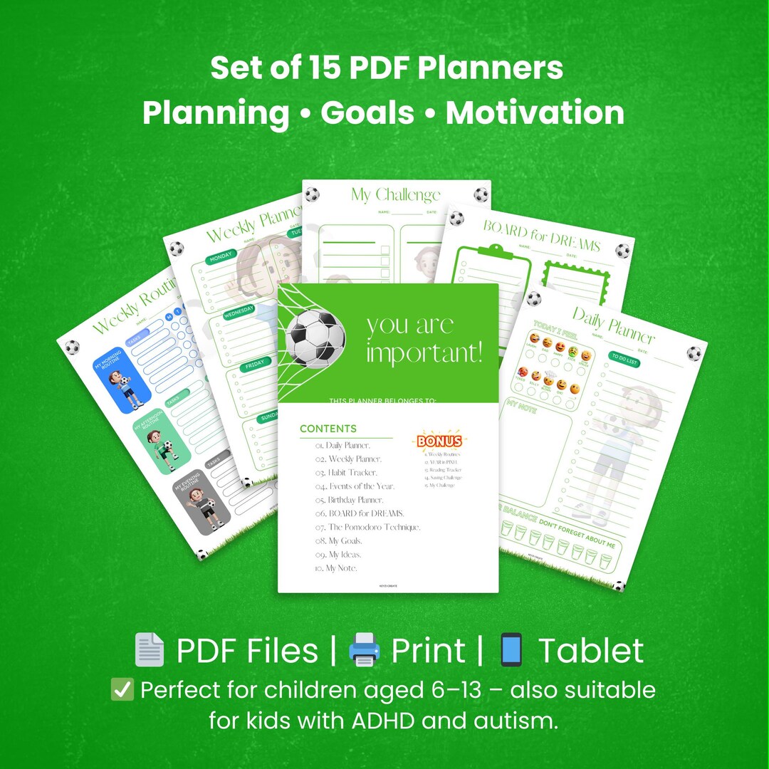 Football Dream Planner | 15 Printable Planners for Boys | Editable PDF ...