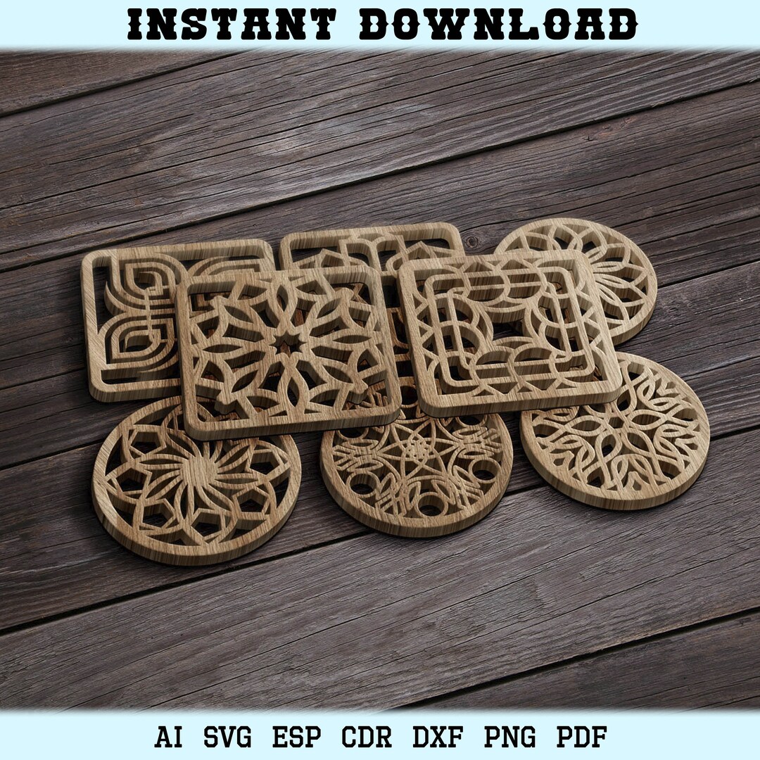 Geometric Coasters SVG Set - Laser Cut Files for Glowforge CNC Wood ...