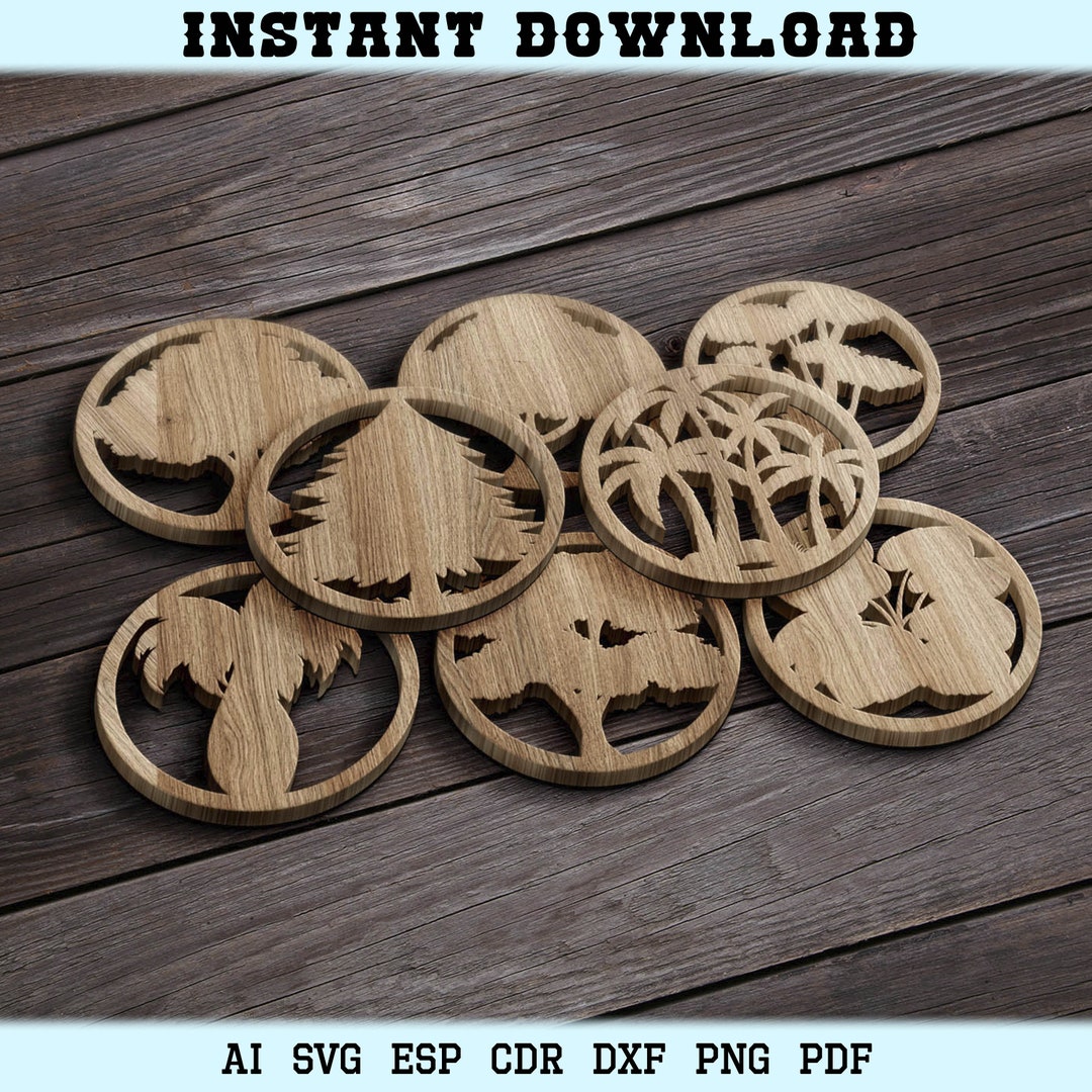 Set of Tree Coasters, Glowforge Files Coasters and Trivets Wood Panels ...