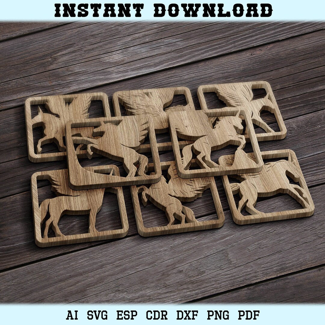 Pegas Trivets, SVG Pegas Coasters Svg, Wood Horse Coasters Laser Cut ...