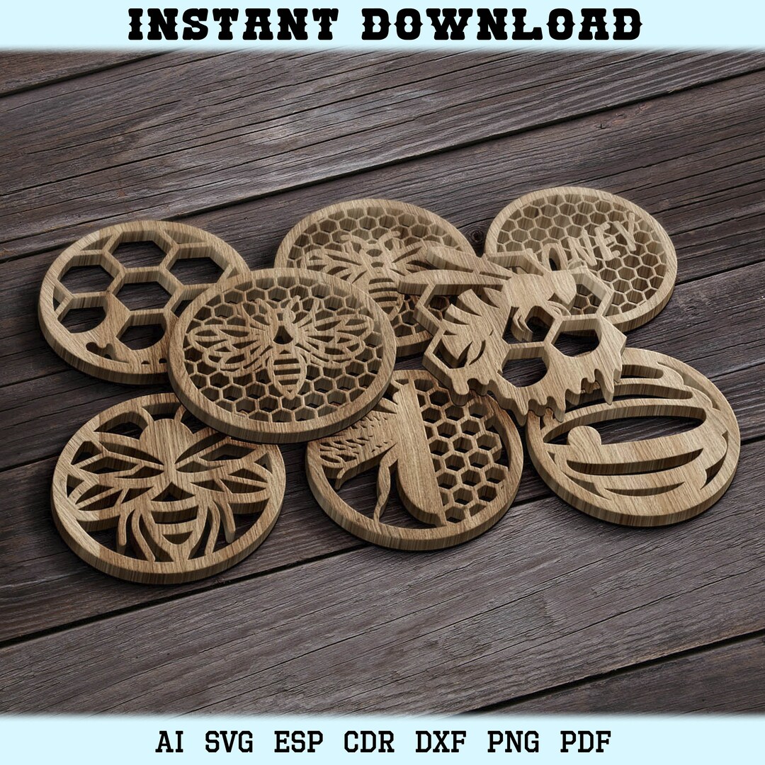 Laser Cut Bee and Honey Coasters Trivet Honey Wood Coaster Bee Wall ...
