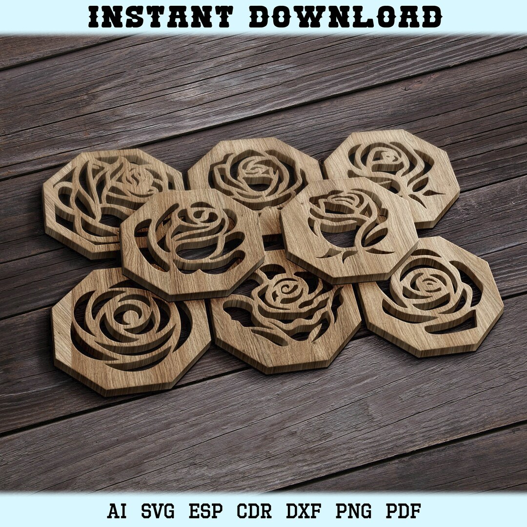 Rose Trivets, SVG Rose Coasters Svg, Wood Rose Coaster Laser Cut Trivet ...