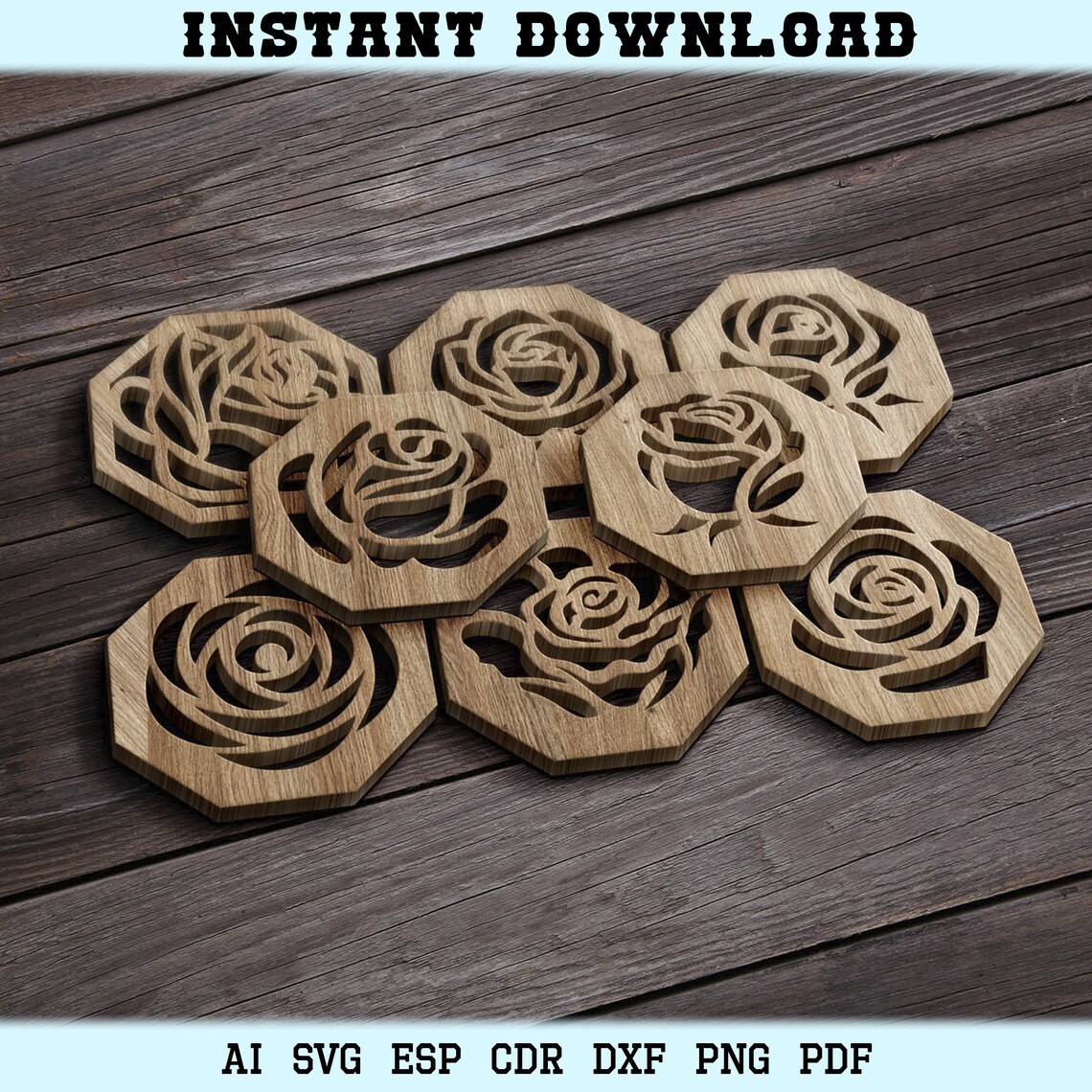 Rose Trivets, SVG Rose Coasters Svg, Wood Rose Coaster Laser Cut Trivet ...