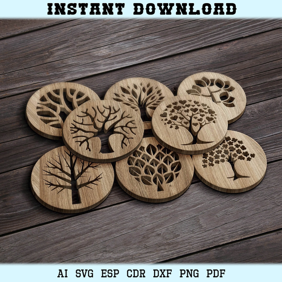 Tree Coasters SVG Laser Cut Tree Trivet Grill Round Tree Wall Decor ...
