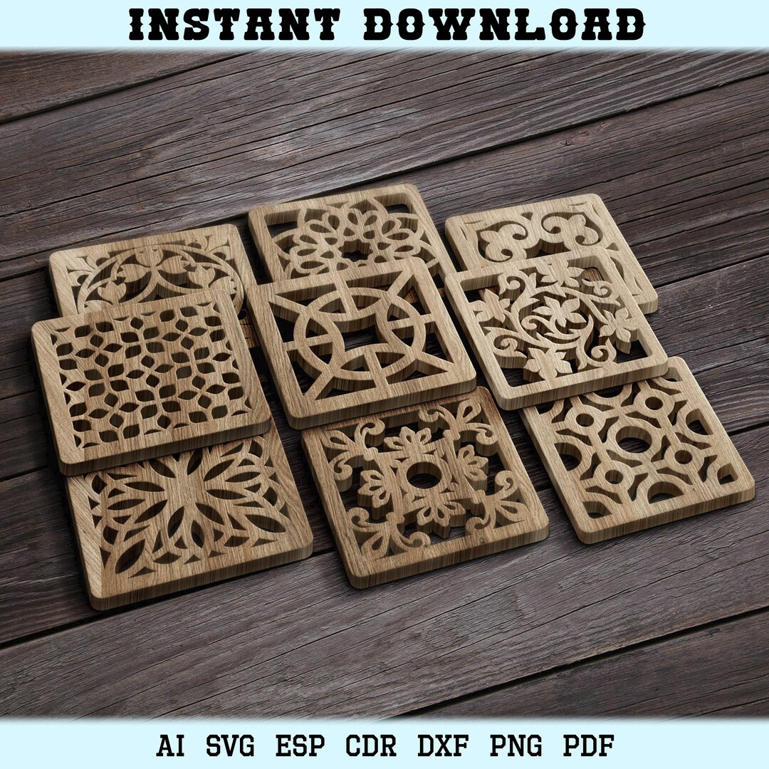 Square Wood Coasters Svg, Square Coaster Laser Cut Trivet Wall Decor ...