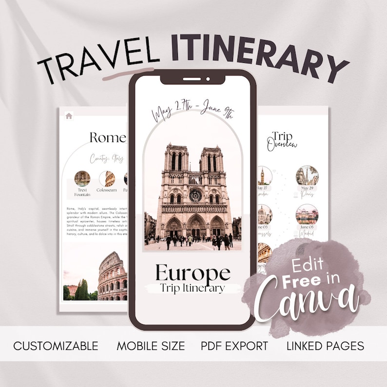 Europe Travel Itinerary Template: Mobile Travel Planner (editable Canva ...