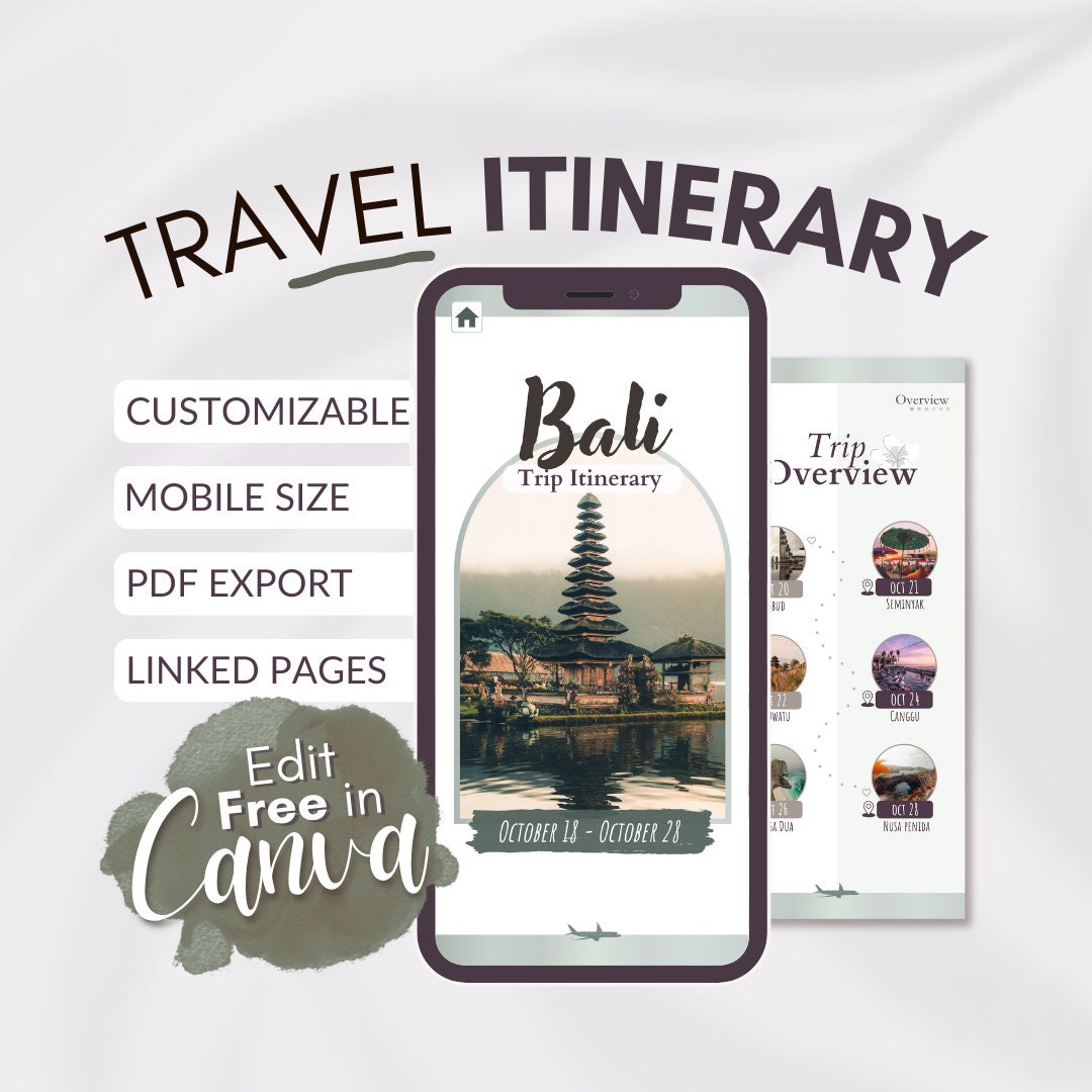 Travel Itinerary Template | Bali Itinerary | Travel Planner | Travel ...