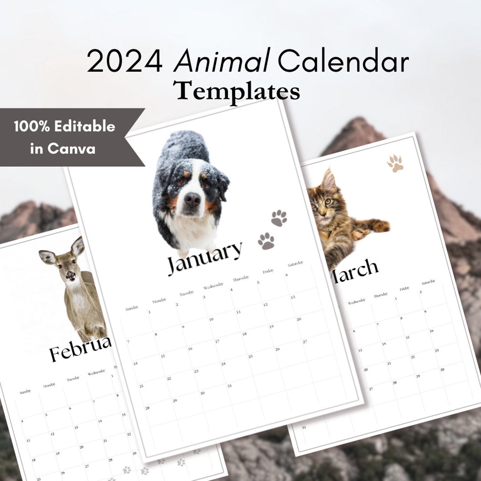 2024 Printable Calendar | Animal Printable Calendar Template | Instant ...