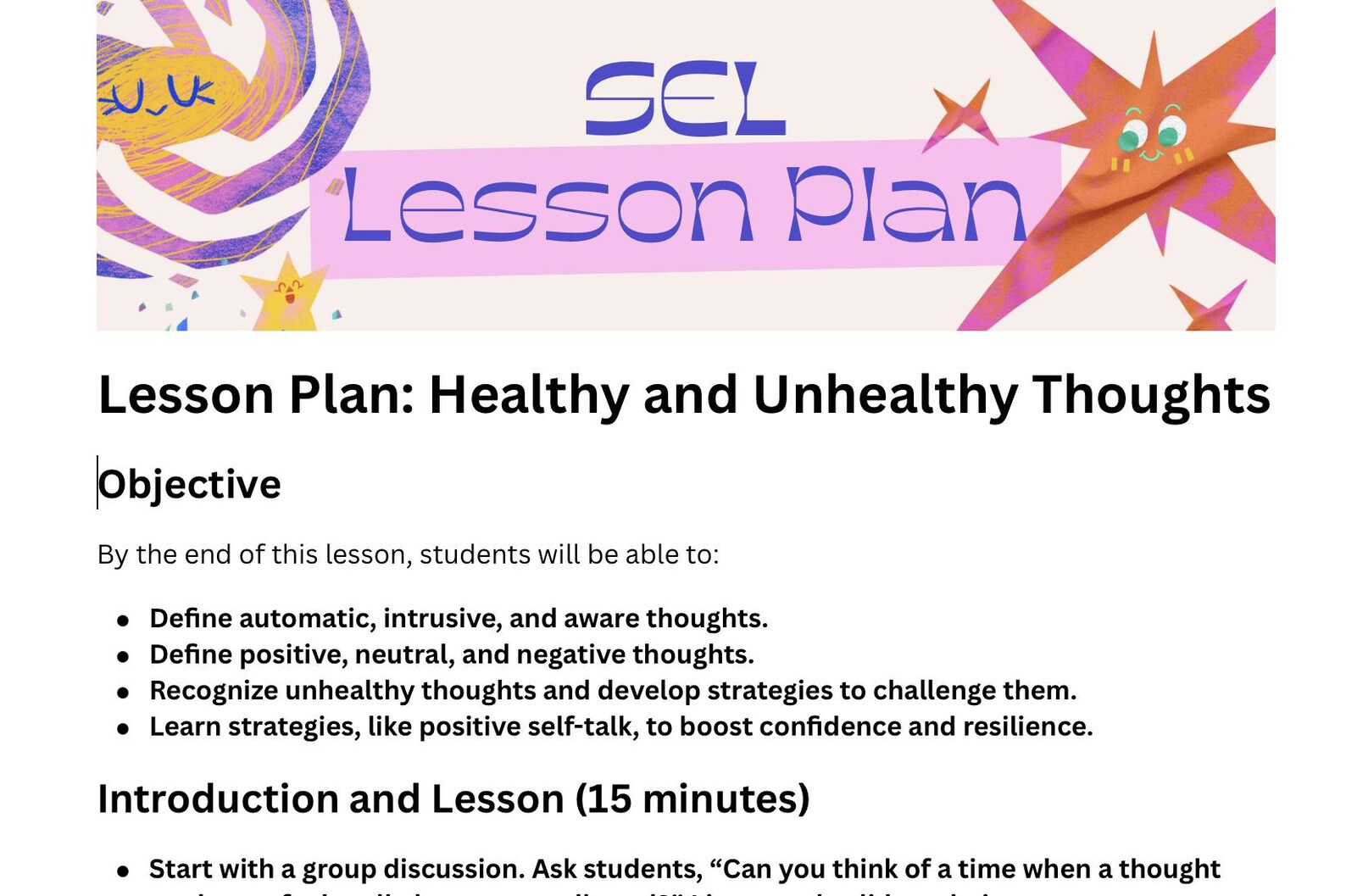 Sel/mental Health Education: Healthy and Unhealthy Thoughts Lesson ...