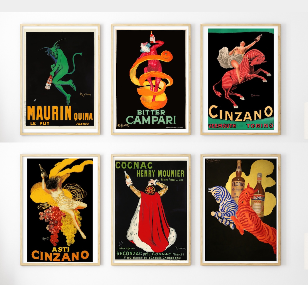 Vintage Bar Poster Cocktail Prints Campari, Cognac, Cinzano, Vermouth ...