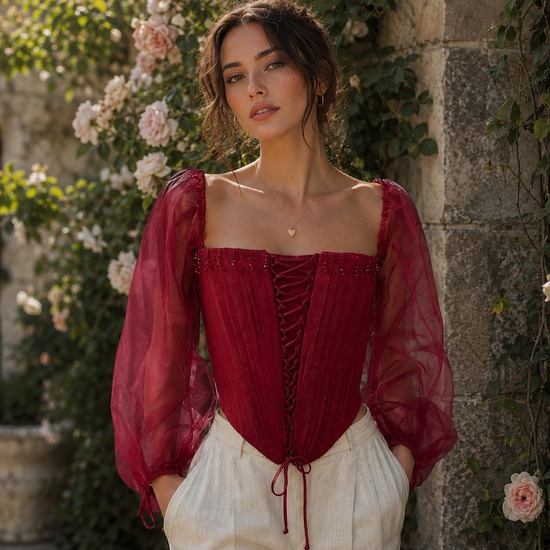 Custom Fantasy Corset: Red Renaissance Corset With Detachable Puff ...