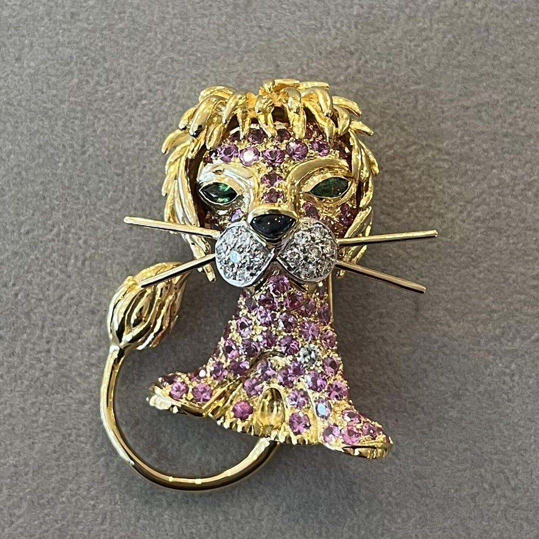 Lion Pin With Pink Sapphires and Diamonds in 18k Yellow Gold/platinum ...