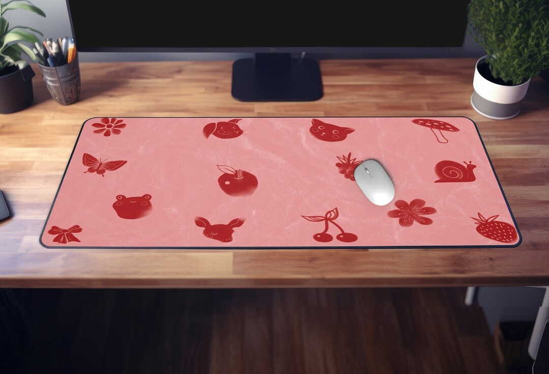 Pink Cottagecore Desk Mat, Red Cute Deskmat, Stamp Aesthetic ...
