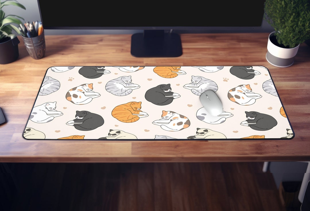 Cat Desk Mat, Kawaii Gift, Large Beige Deskmat, Playful Cute Office ...