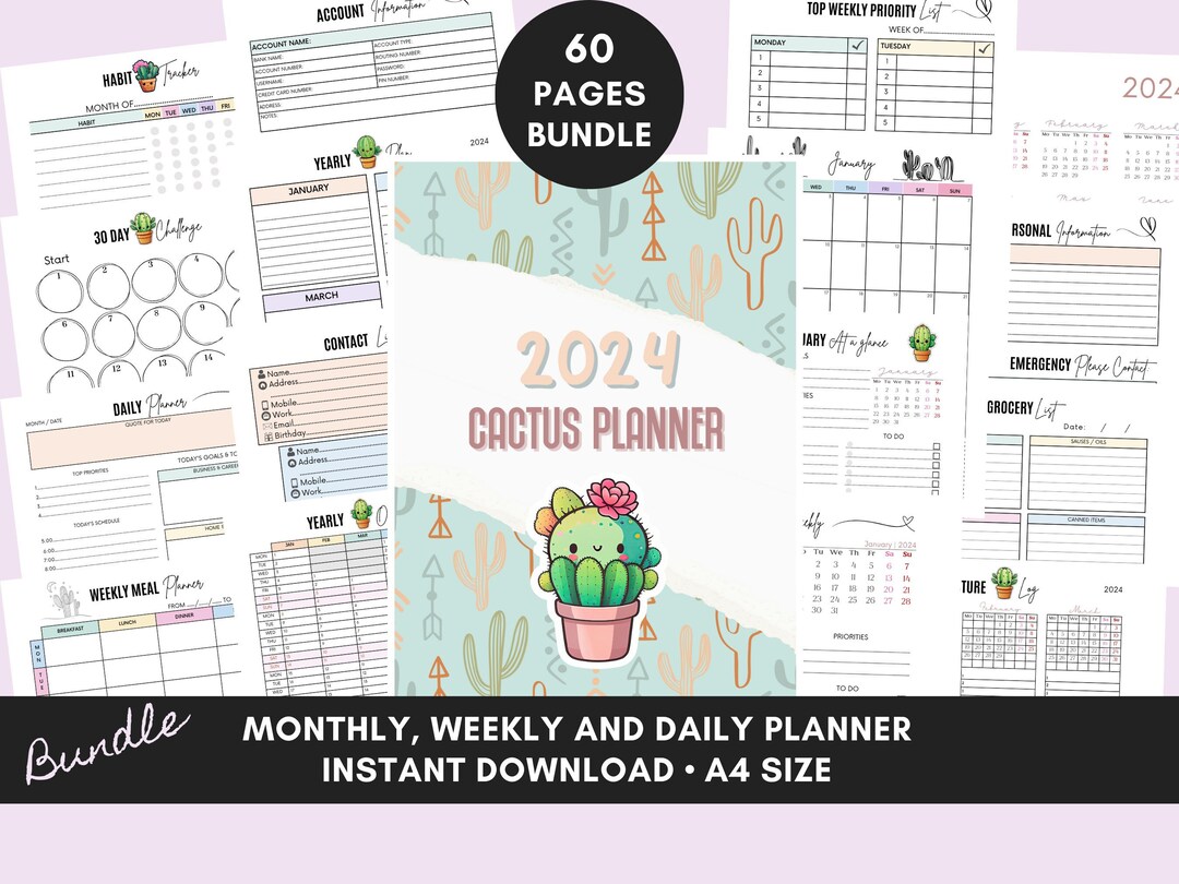Cactus Planner 2024, Printable Bundle Monthly Weekly Daily Planner ...