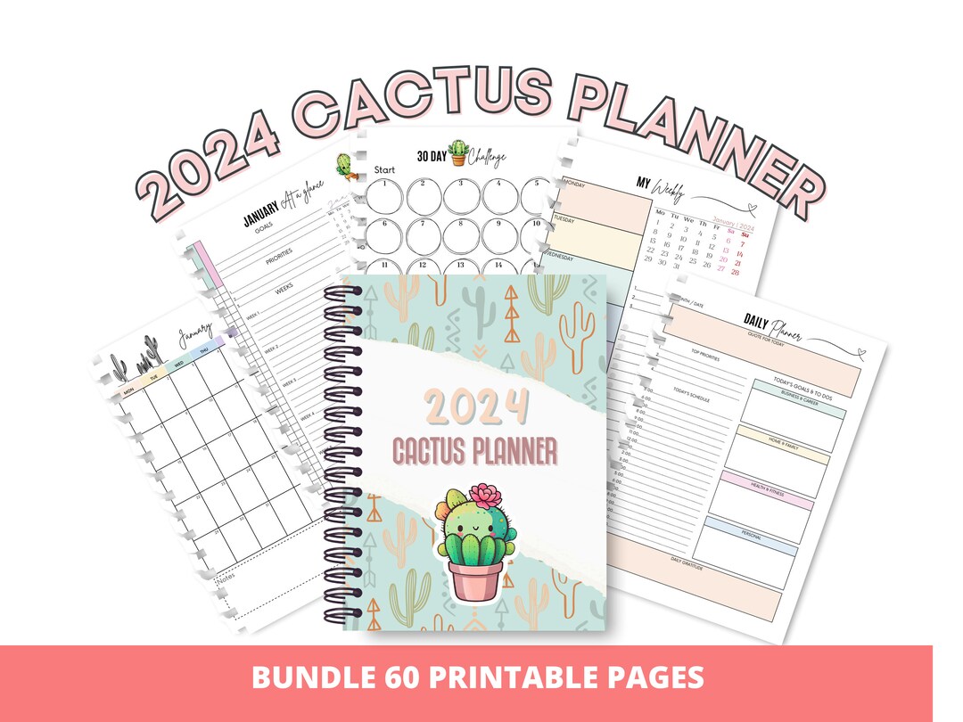 Cactus Planner 2024, Printable Bundle Monthly Weekly Daily Planner ...