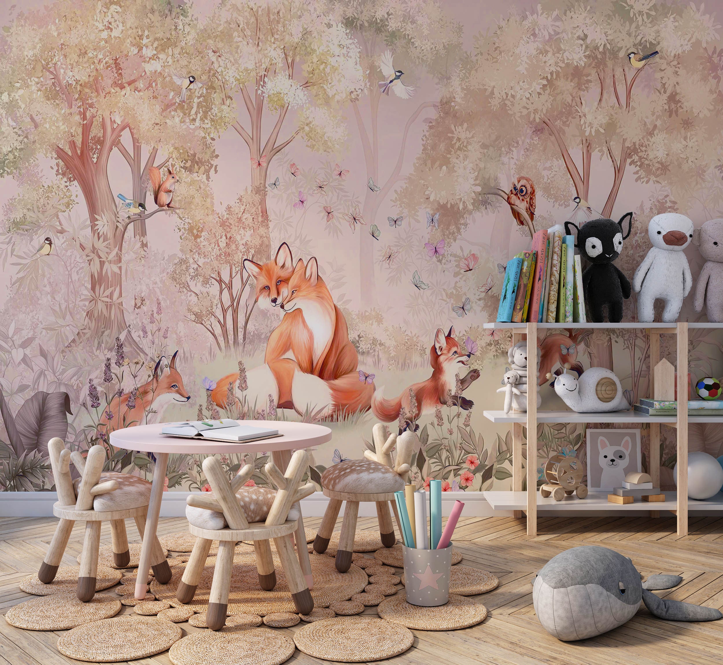 Pink Forest Animals Mural ,watercolor Forest Landscape ,sweet Dreamy ...