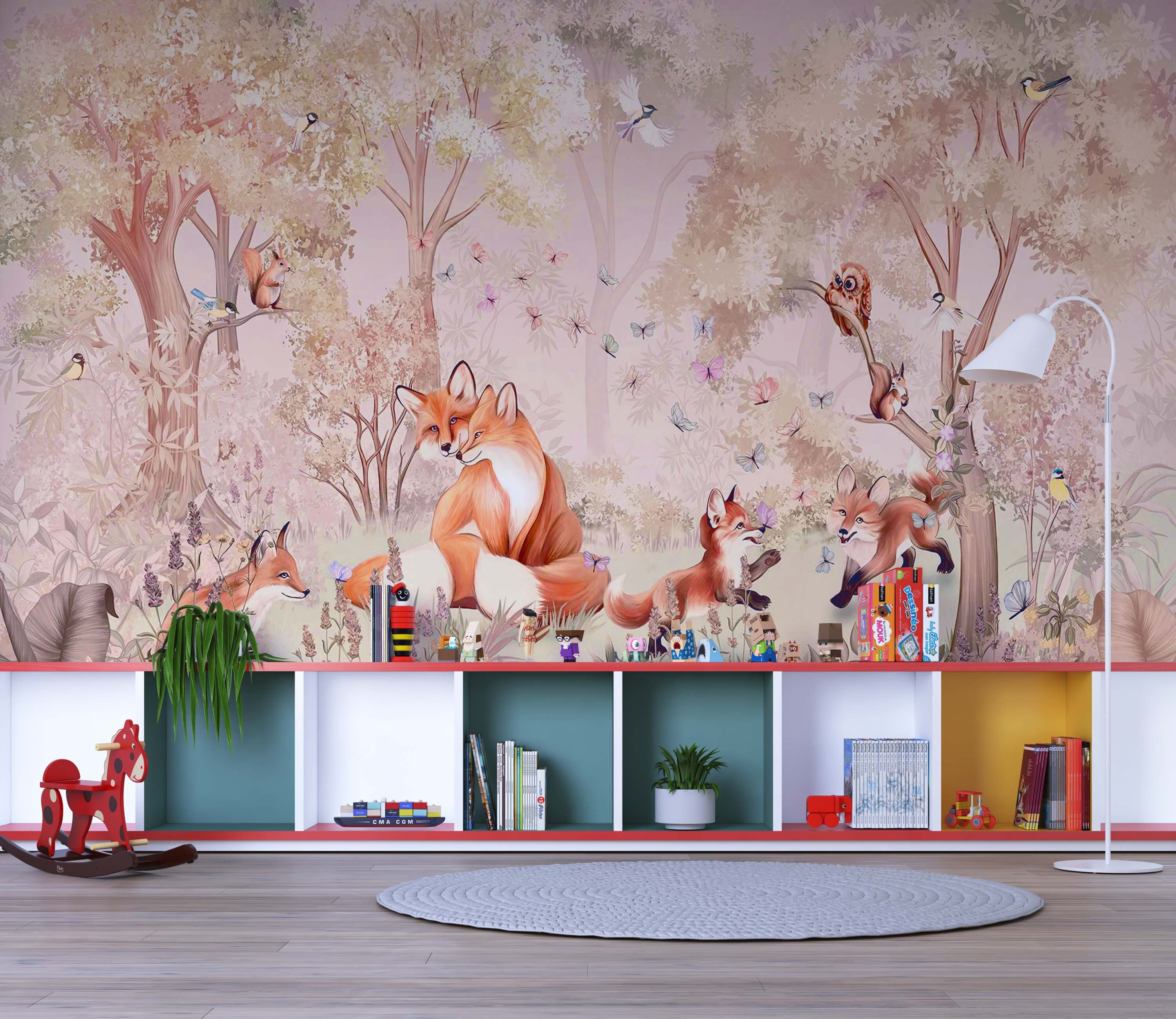 Pink Forest Animals Mural ,watercolor Forest Landscape ,sweet Dreamy ...