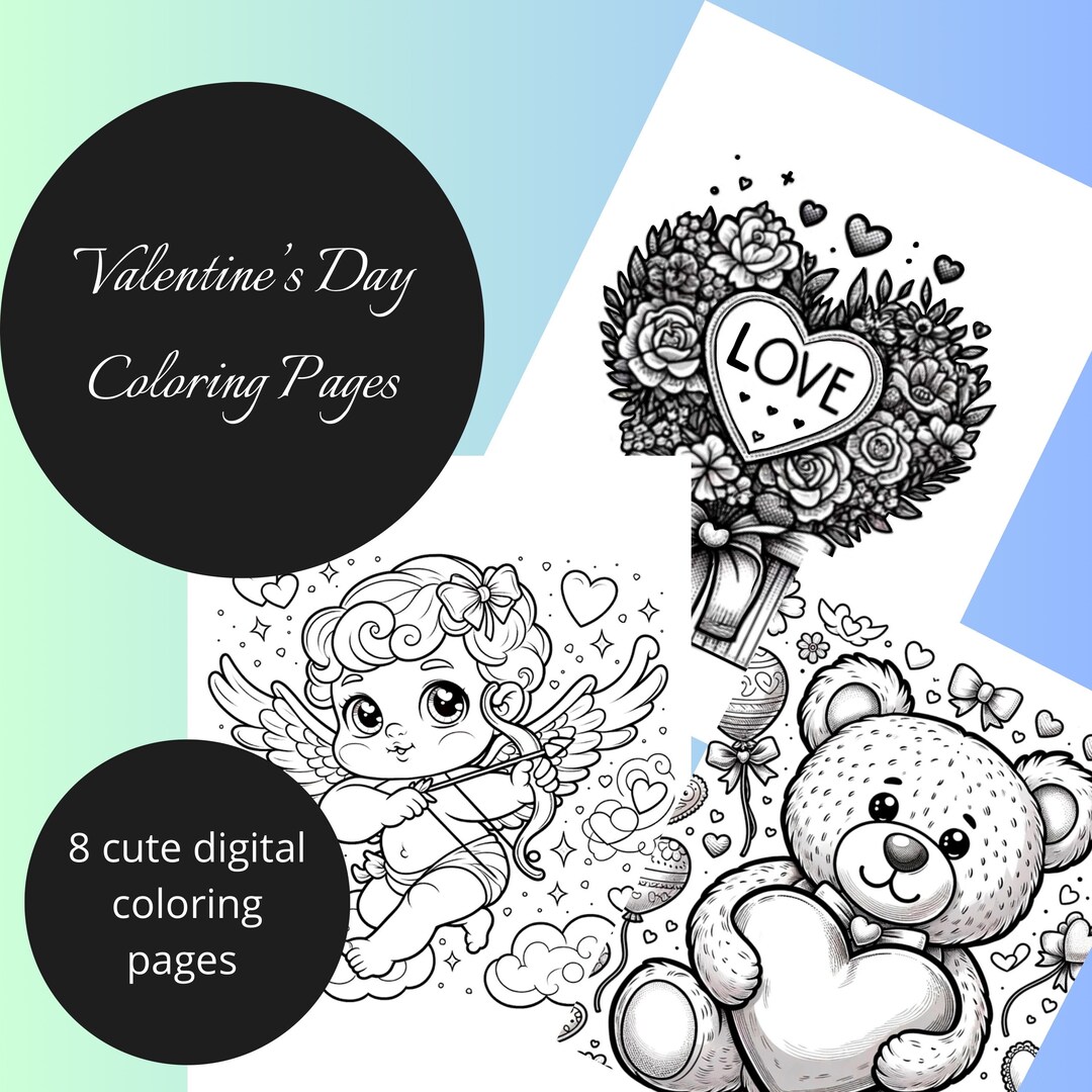 Valentine’s Day Coloring Pages - 8 Digital Instant Download Coloring ...