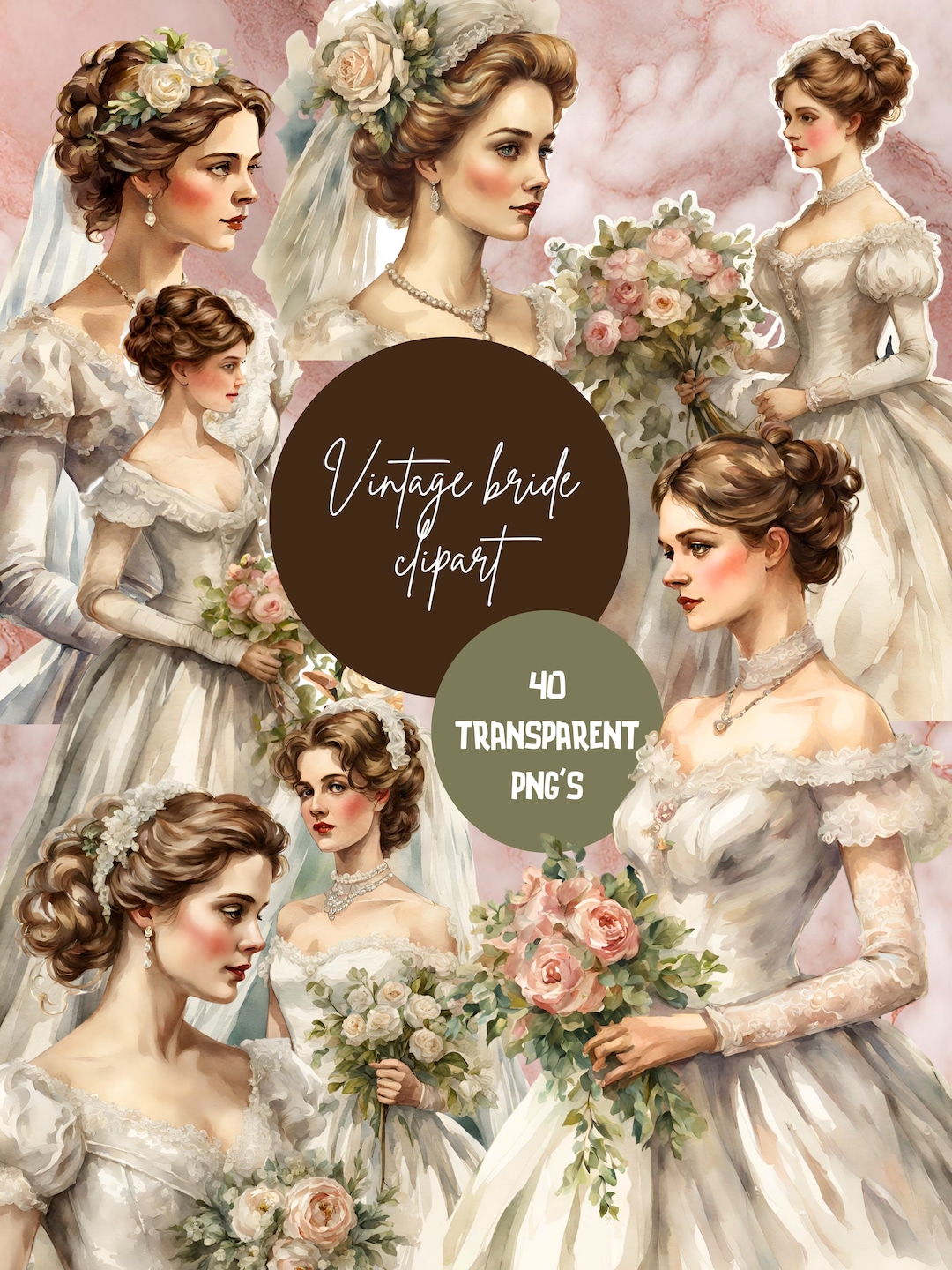 Vintage Bride - Vintage Watercolor Clipart - 40 High Quality Wedding ...