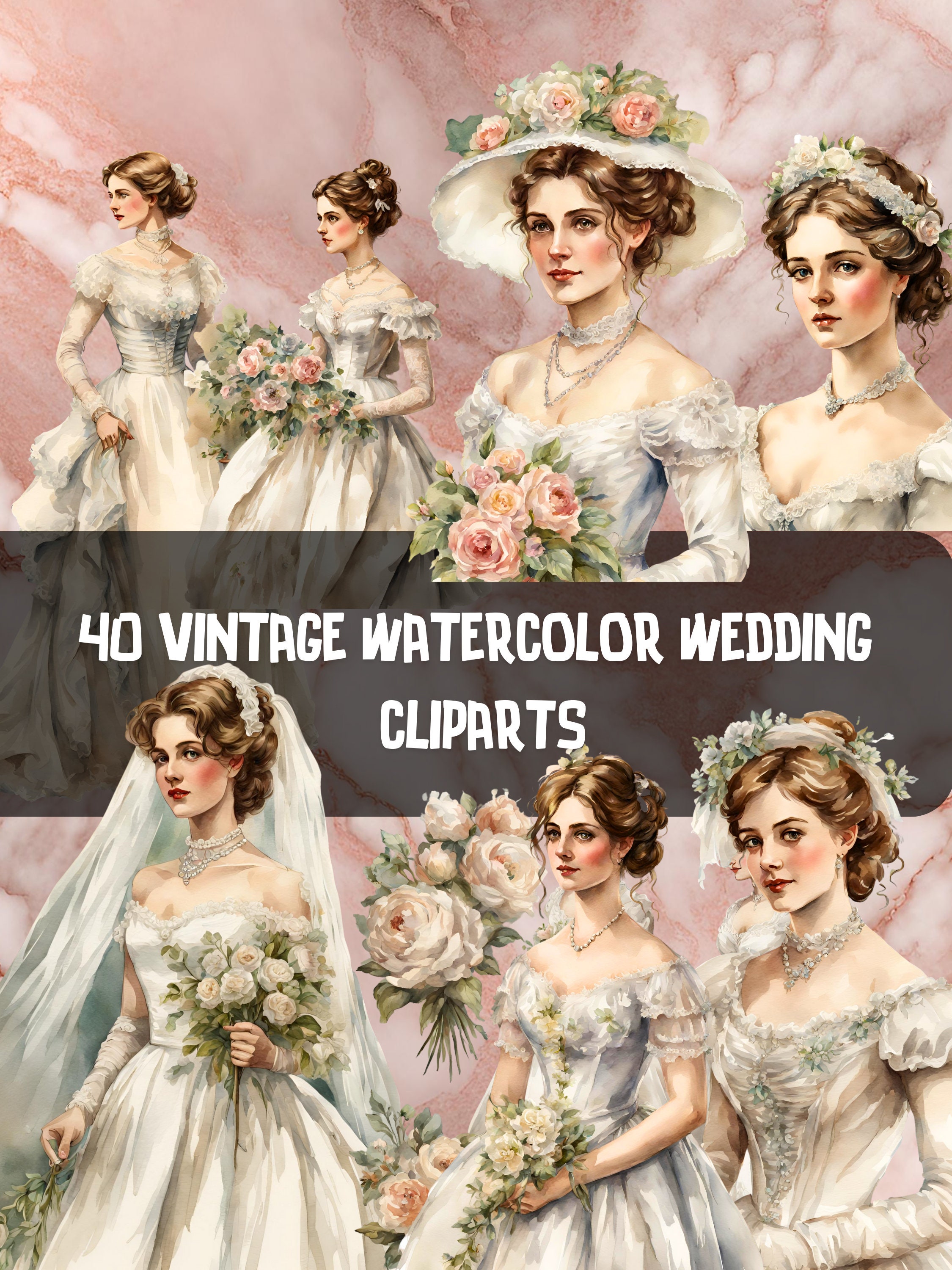 Vintage Bride - Vintage Watercolor Clipart - 40 High Quality Wedding ...