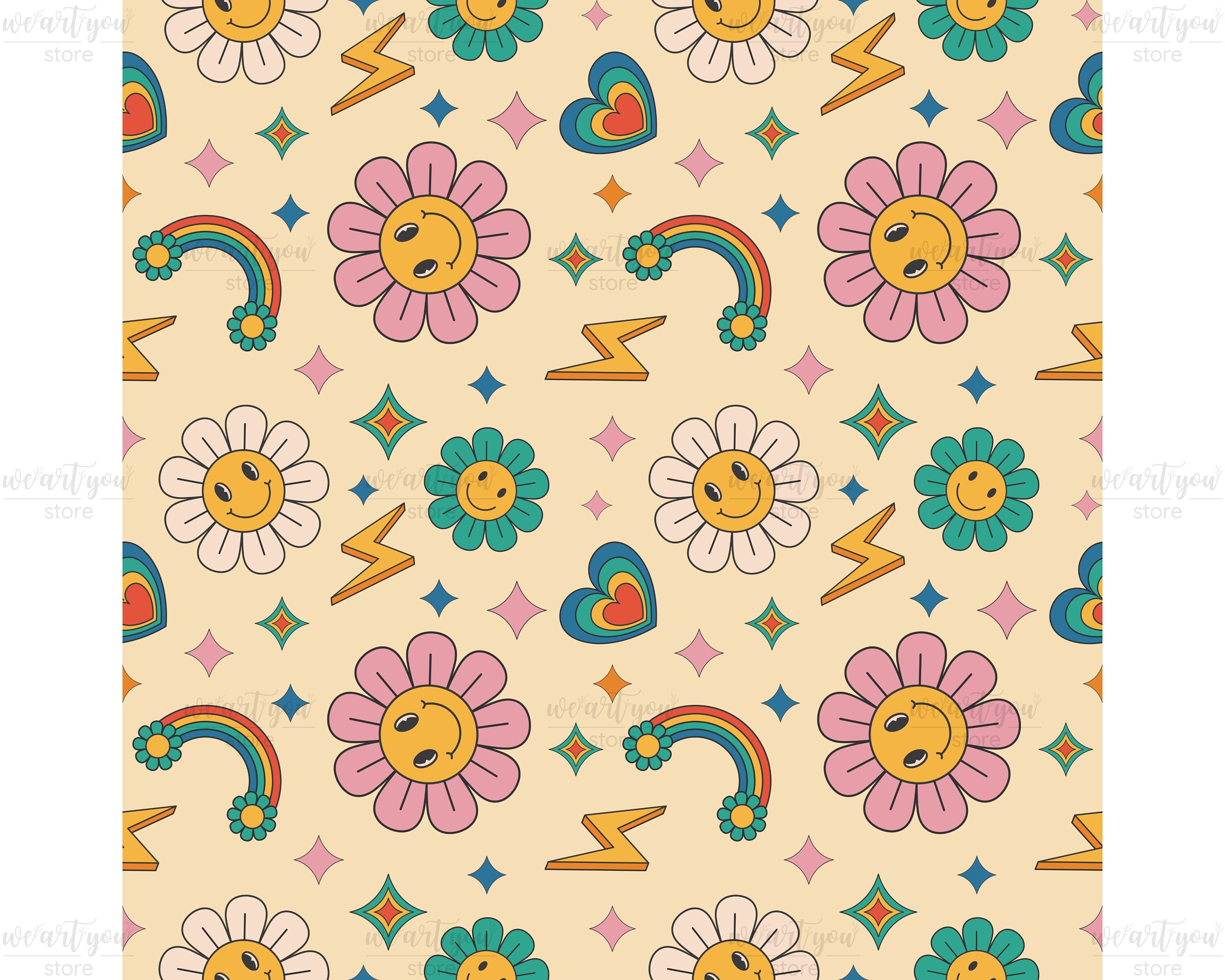 Retro Smiley Flower Pattern, Flower Sublimations Designs, Printable ...