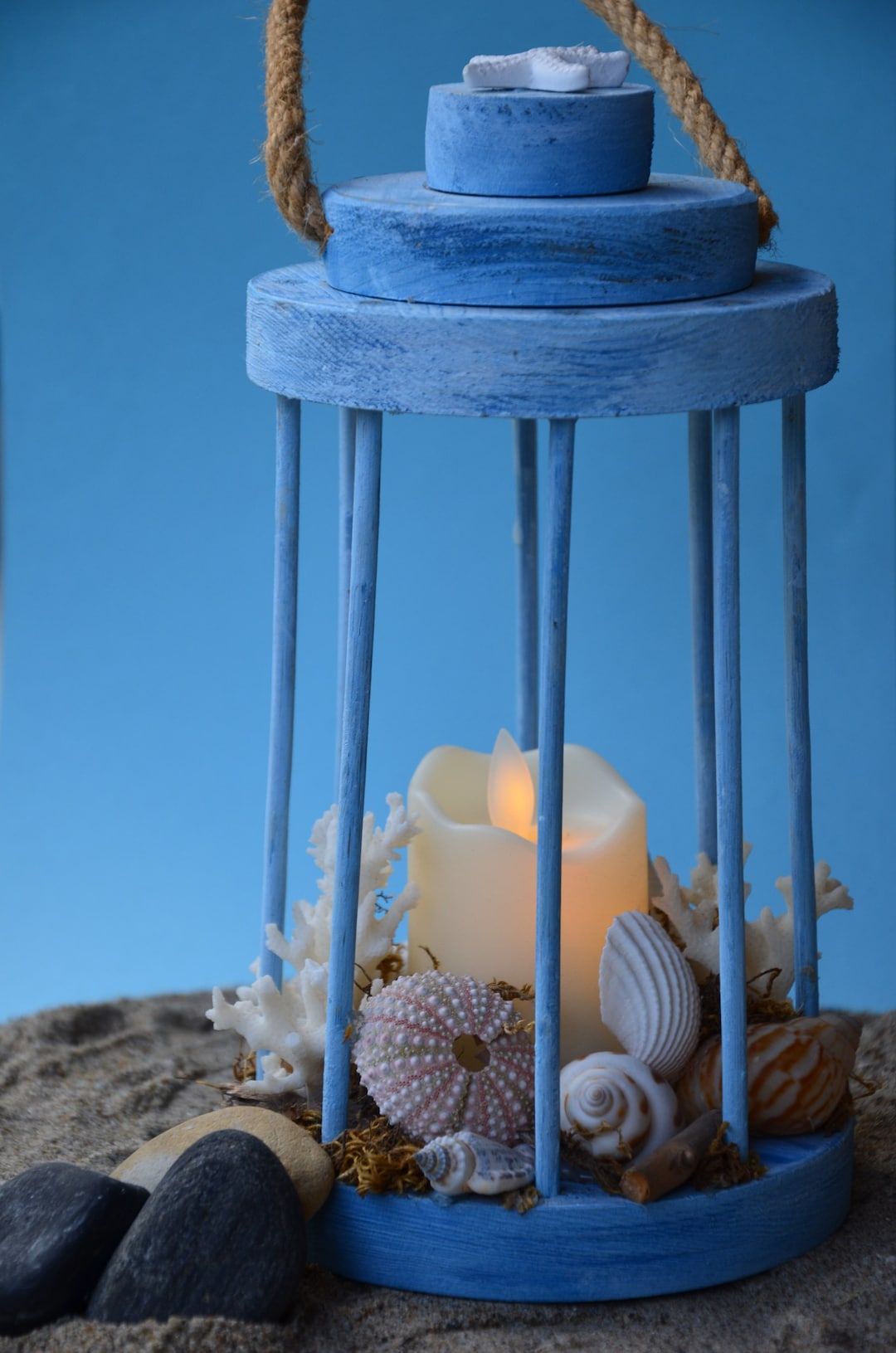 Natural Seashell Wooden Lantern With LED Flameless Flickering Tea ...
