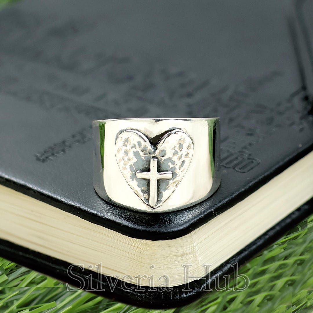 Sterling Silver Heart Cross Ring: Oxidized Religious Band (15mm) - Etsy