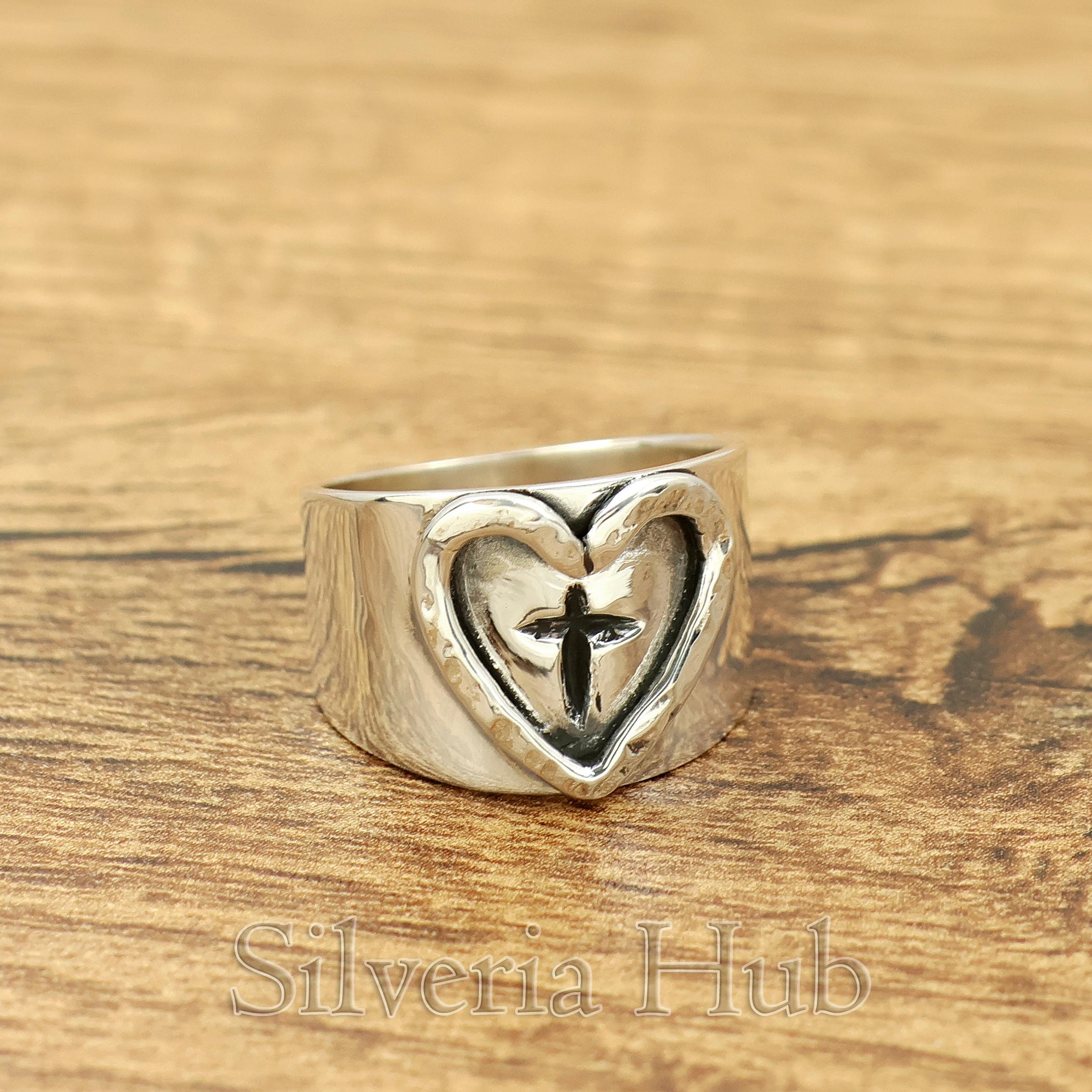 Sterling Silver Heart Cross Ring: Rustic Religious Statement Ring - Etsy