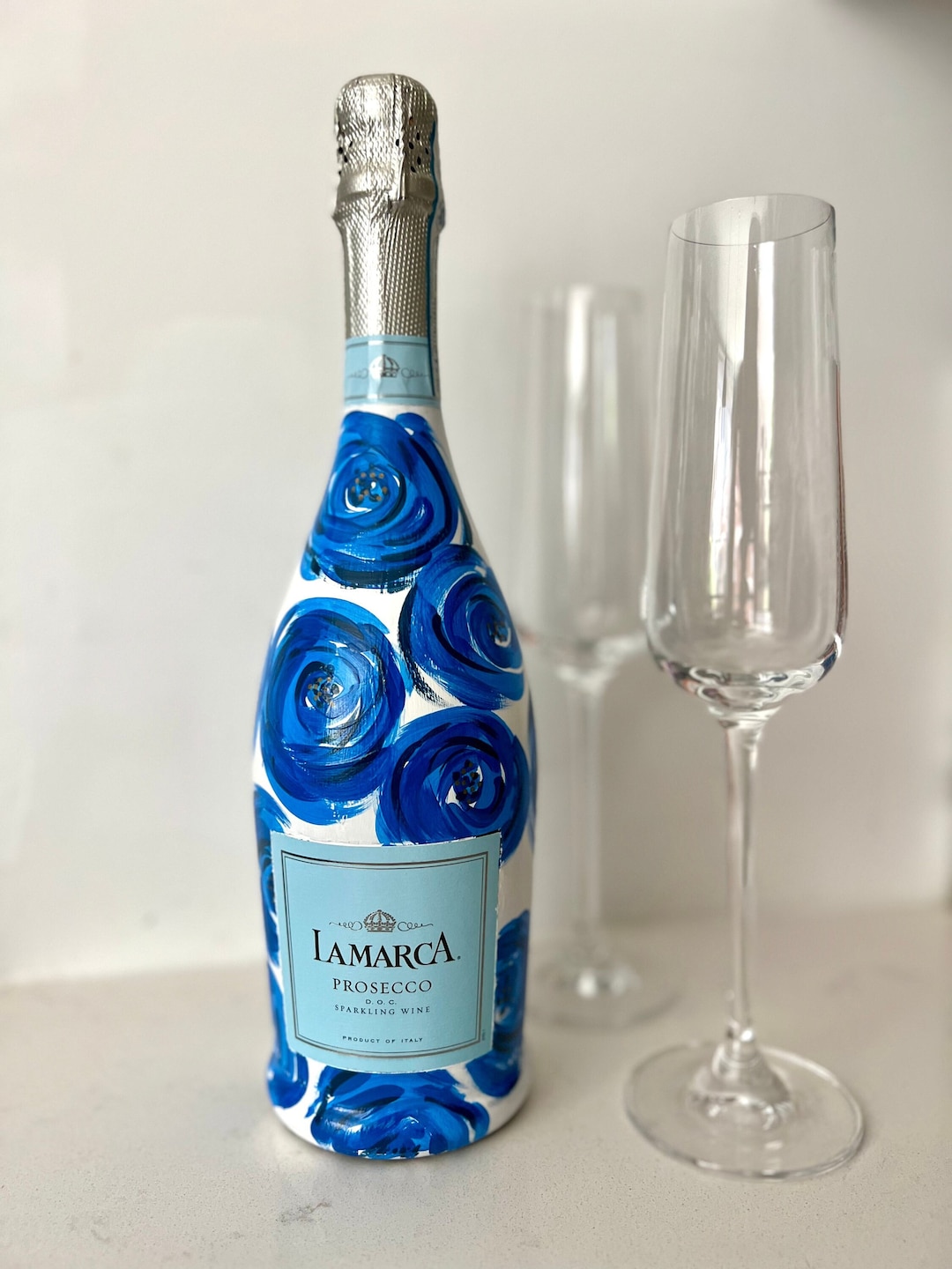 Personalized Painted Prosecco Bottle Blue Floral - Etsy