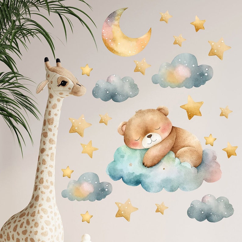 Cute Sleeping Bear Nursery Wall Decal Sticker Set Removable Decals - Etsy