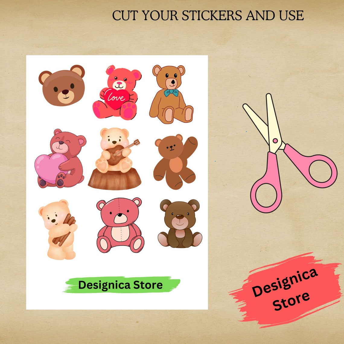 Teddy Stickers Cute Teddy Printable Stickers 9 Different Cat - Etsy