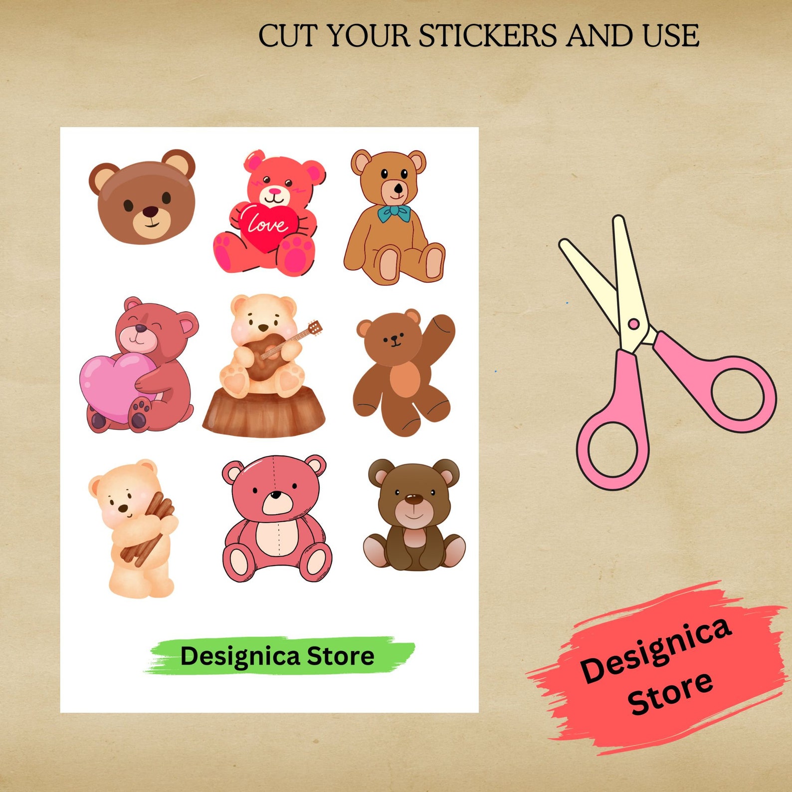 Teddy Stickers Cute Teddy Printable Stickers 9 Different Cat - Etsy