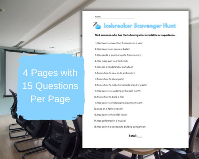 Icebreaker Scavenger Hunt Question Sheets, Printable Meeting Questions ...
