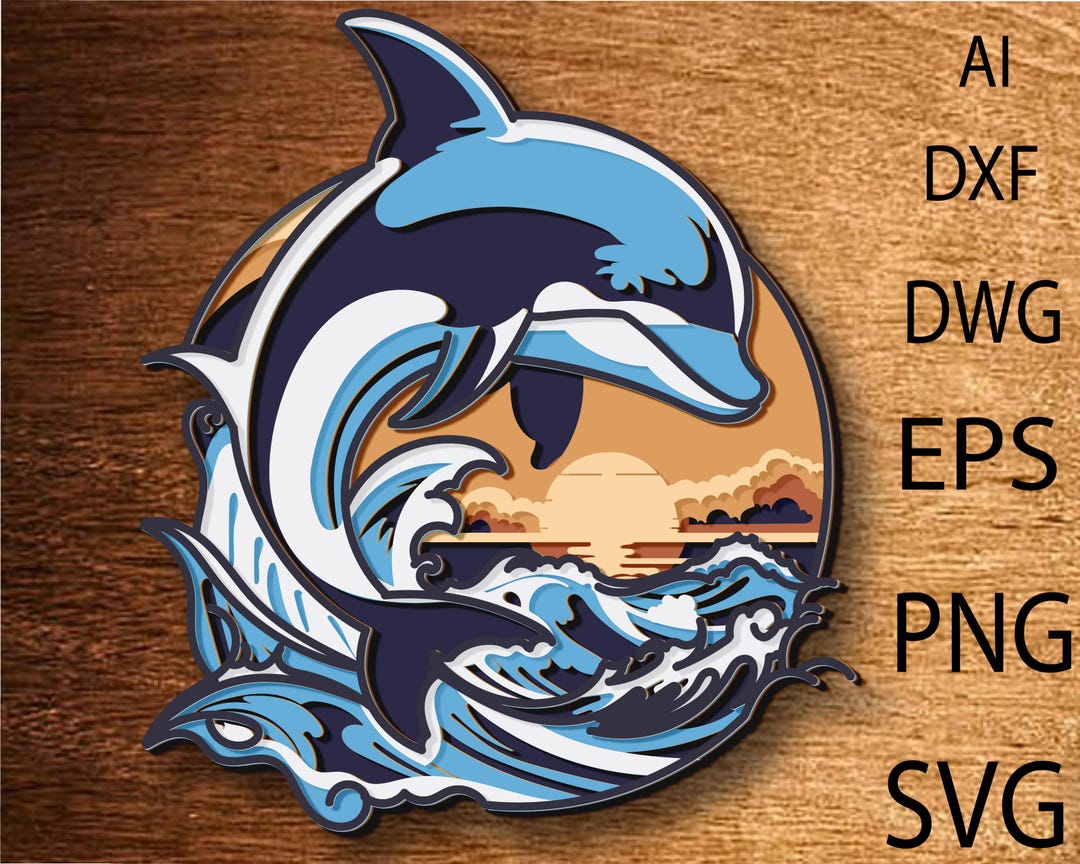 Paisaje marino de delfines (SVG multicapa, mandala 3D, corte láser ...