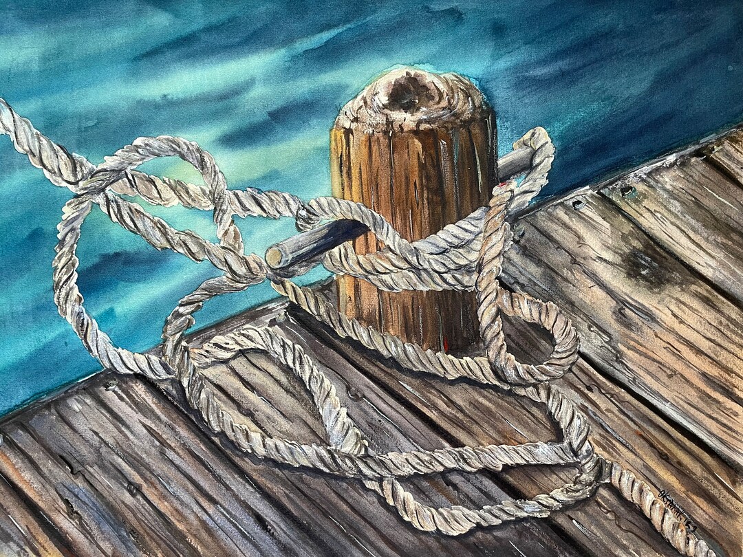Original Seascape Watercolor Painting: Dock and Rope Art (11.4x15.7 In ...