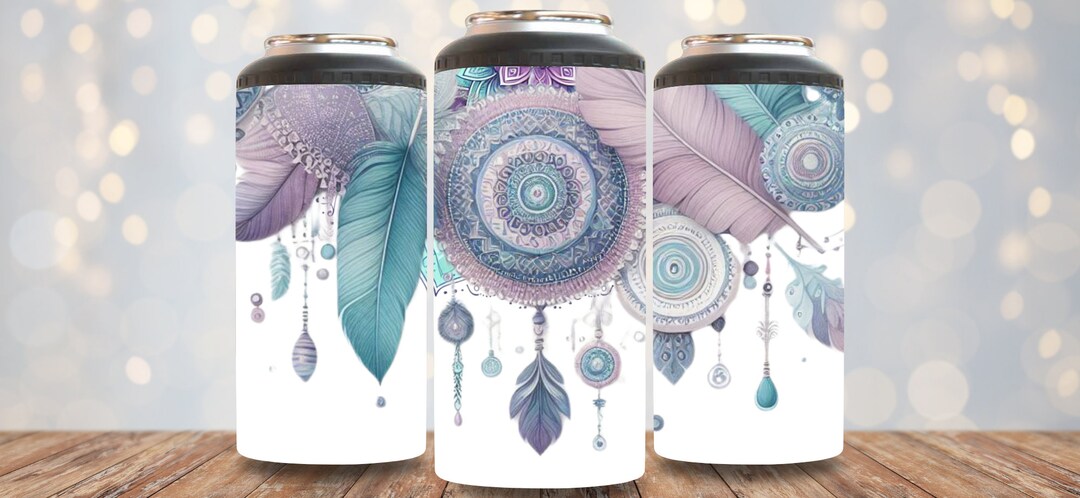 16 Oz Stainless Steel Can Cooler With Lid. Feathers With Dream Catcher ...