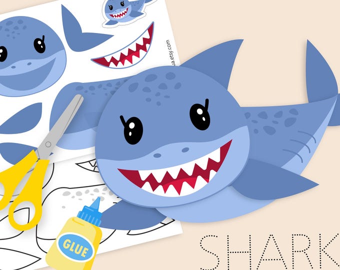 Shark Paper Craft: Cut, Color & Glue Activity (printable PDF Template ...