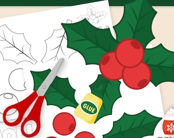Holly Leaves and Berries Cut & Paste Craft, Christmas Activity (digital ...