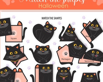 Black Cat Shapes Matching Game: Halloween Activity, Preschool Printable ...