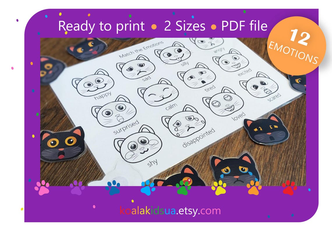 Cat's Emotions and Feelings | Matching Activity for Kids Preschool ...