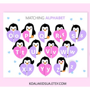 Valentine Penguins Alphabet | Matching Activity | Hearts Preschool Game ...