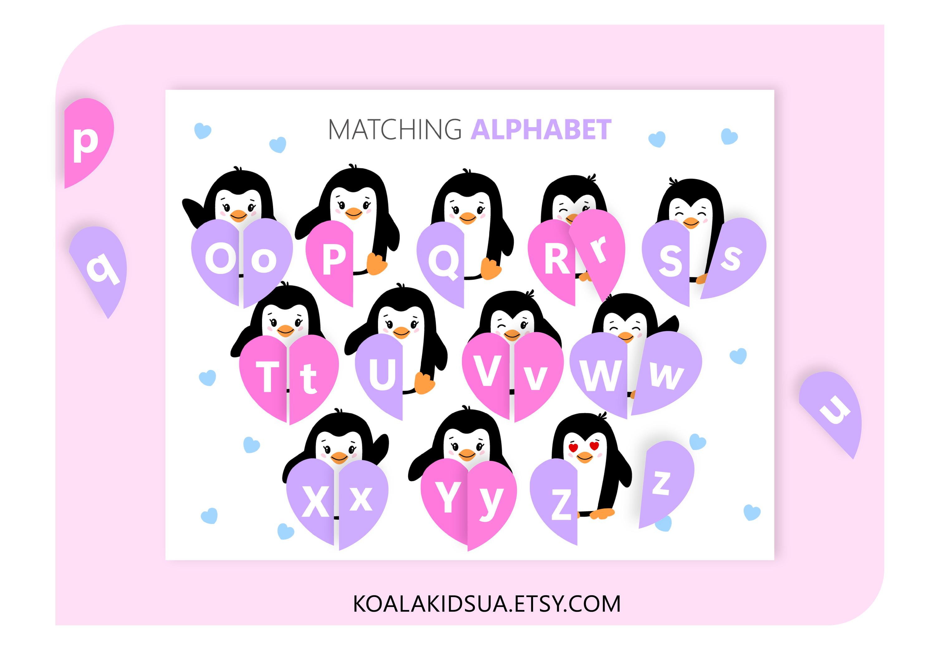Valentine Penguins Alphabet | Matching Activity | Hearts Preschool Game ...
