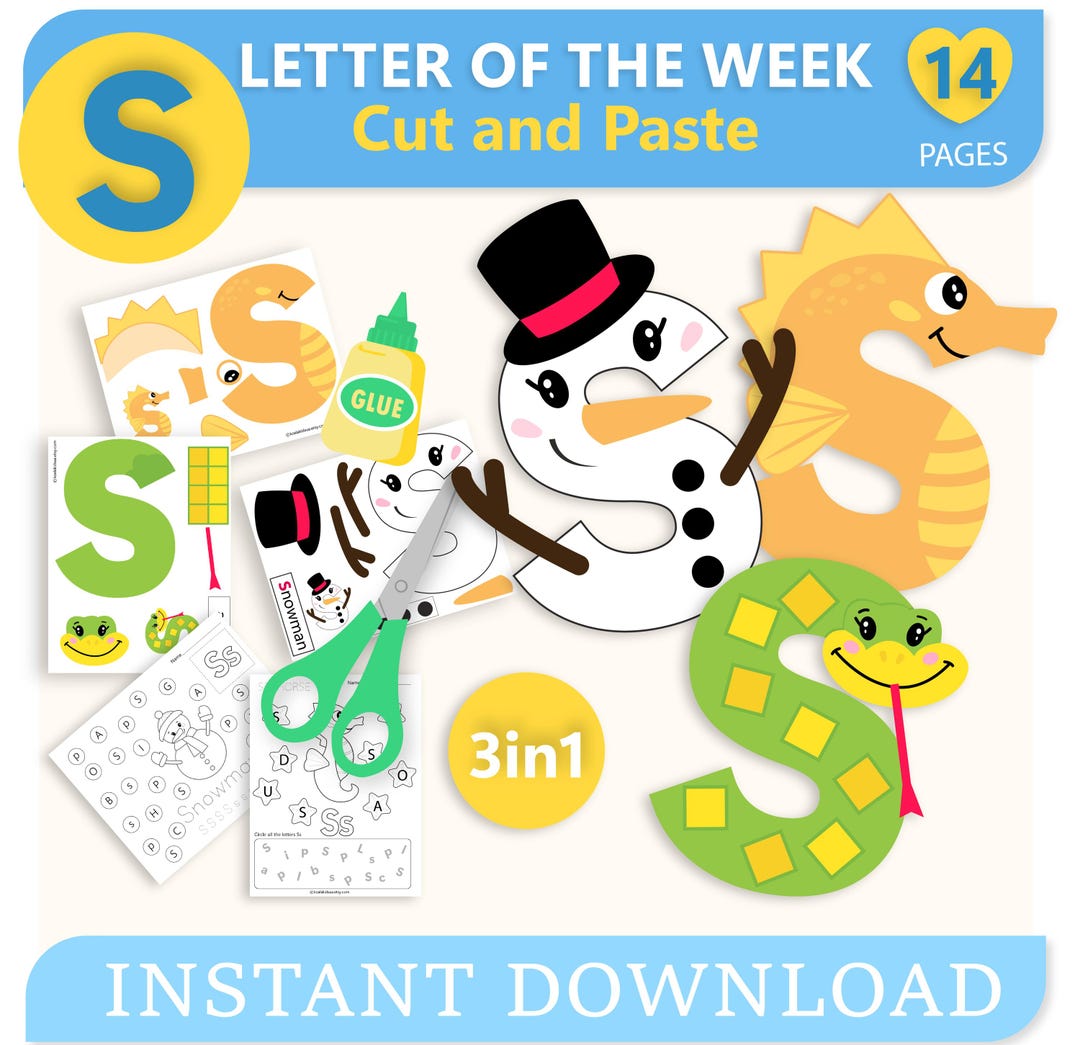 Letter S Craft Printable – Color, Cut Paste Seahorse, Snowman & Snake ...