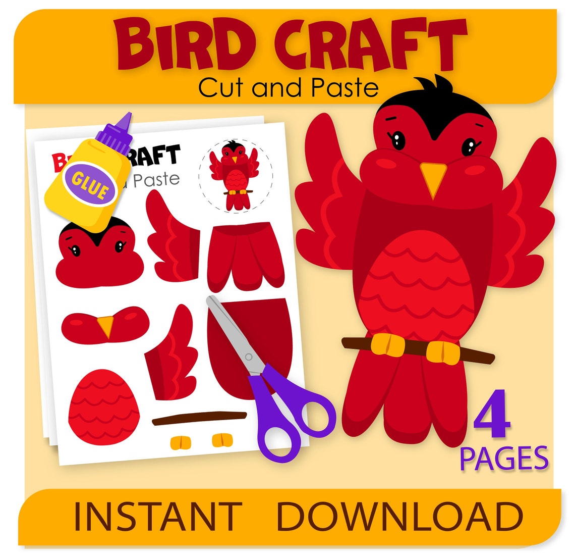 Bird Craft for Kids | Pets Activities | Cut and Paste | Printable Red ...