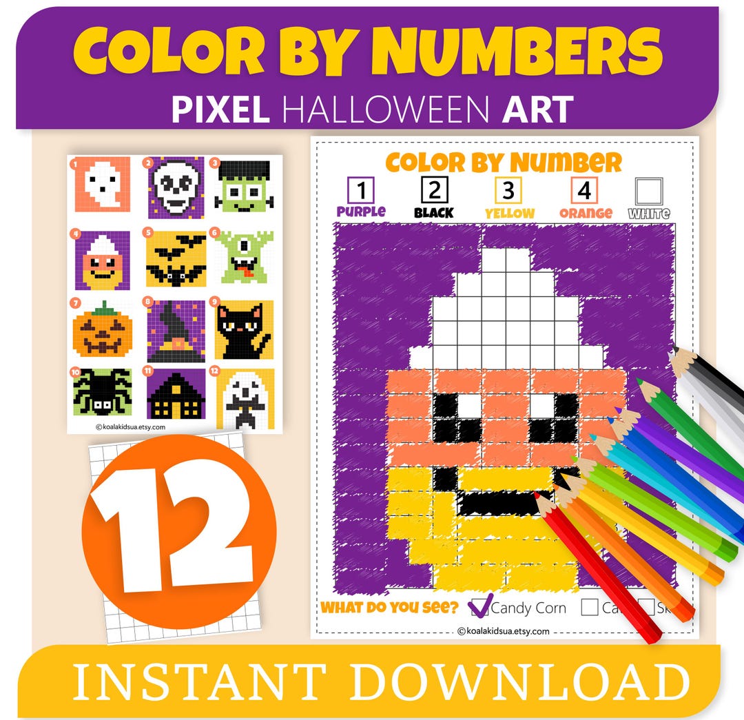 Halloween Color by Number: Pixel Art Worksheets for Kids (digital ...