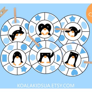 Penguin Shape Matching Clip Cards: Montessori Toddler Activity (digital ...