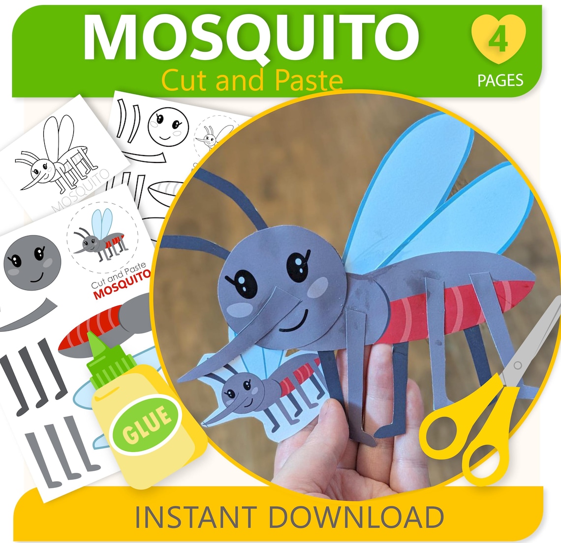 Mosquito Cut & Paste Craft: Insect Coloring Page, Kids Activity ...